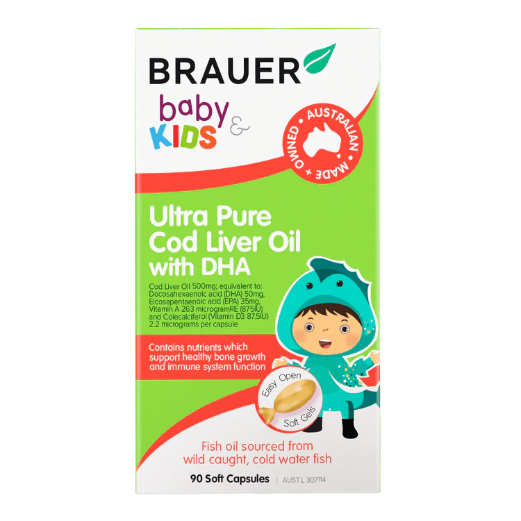 Brauer Baby & Kids Ultra Pure Cod Liver Oil with DHA 90 Soft Capsules ...